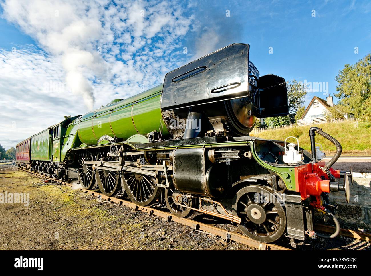 Flying Scotsman steam train at Boat of Garten Scotland alongside the ...