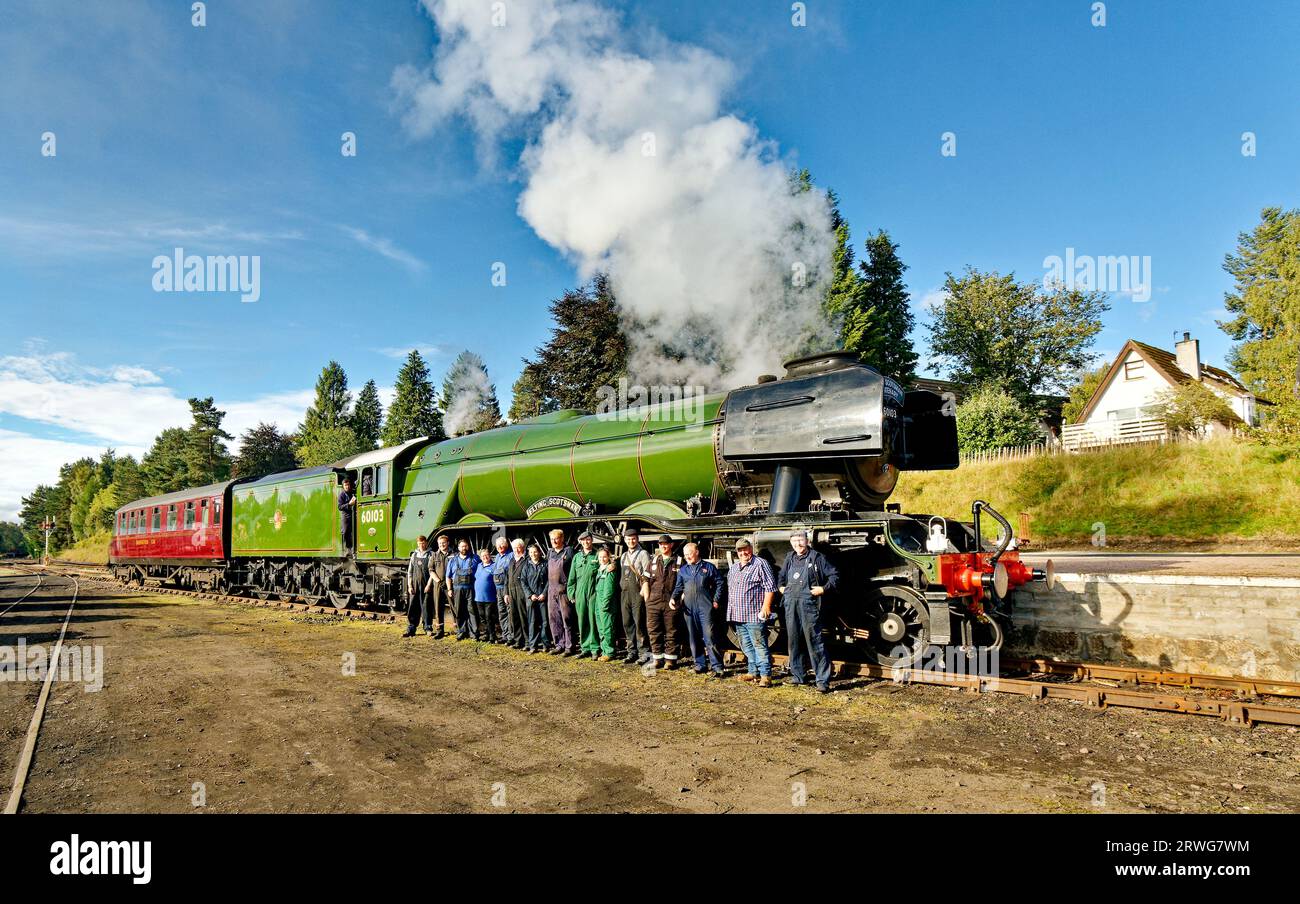Flying Scotsman steam train at Boat of Garten Scotland with members or ...