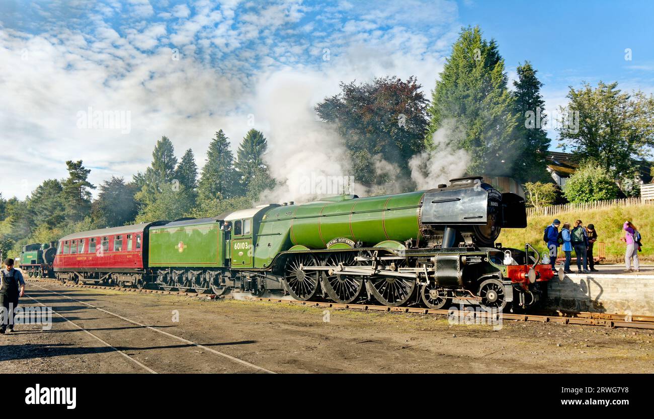 Flying Scotsman steam train at Boat of Garten Scotland with steam and ...