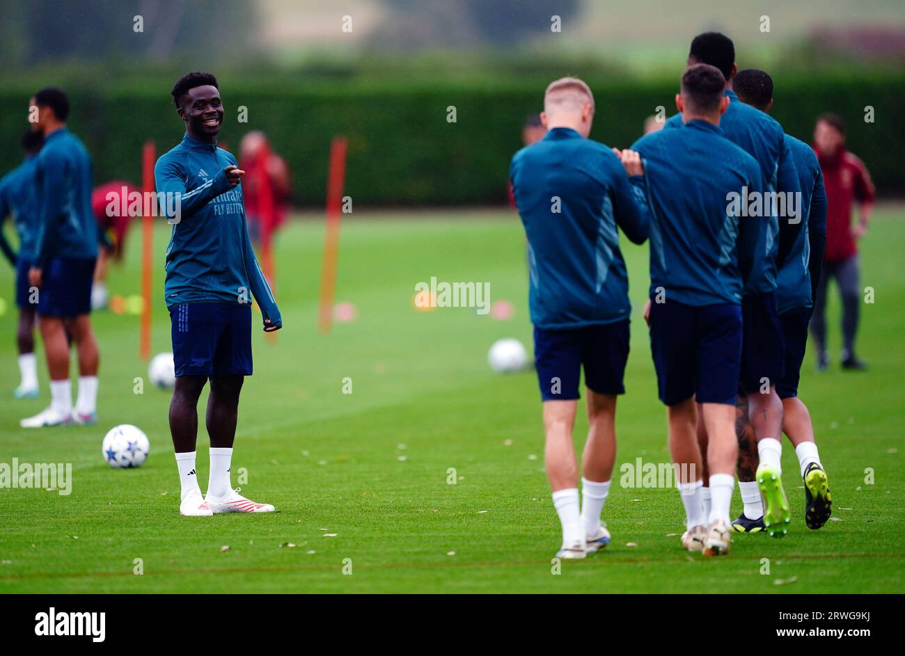 Arsenal's Bukayo Saka (left) during a training session at the Arsenal ...