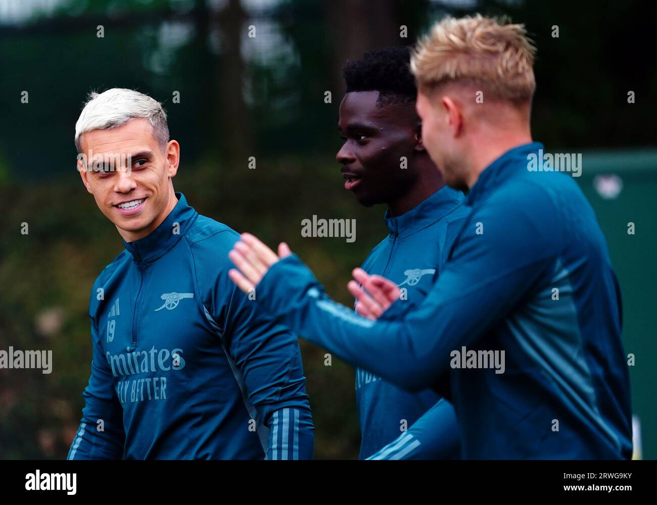 Arsenal's Leandro Trossard, Bukayo Saka and Emile Smith Rowe during a training session at the ...