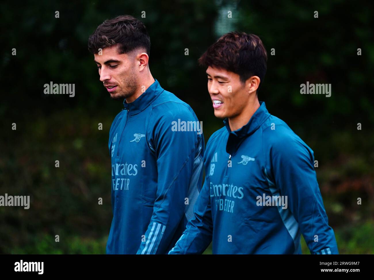 Arsenal's Kai Havertz and Takehiro Tomiyasu (right) during a training ...