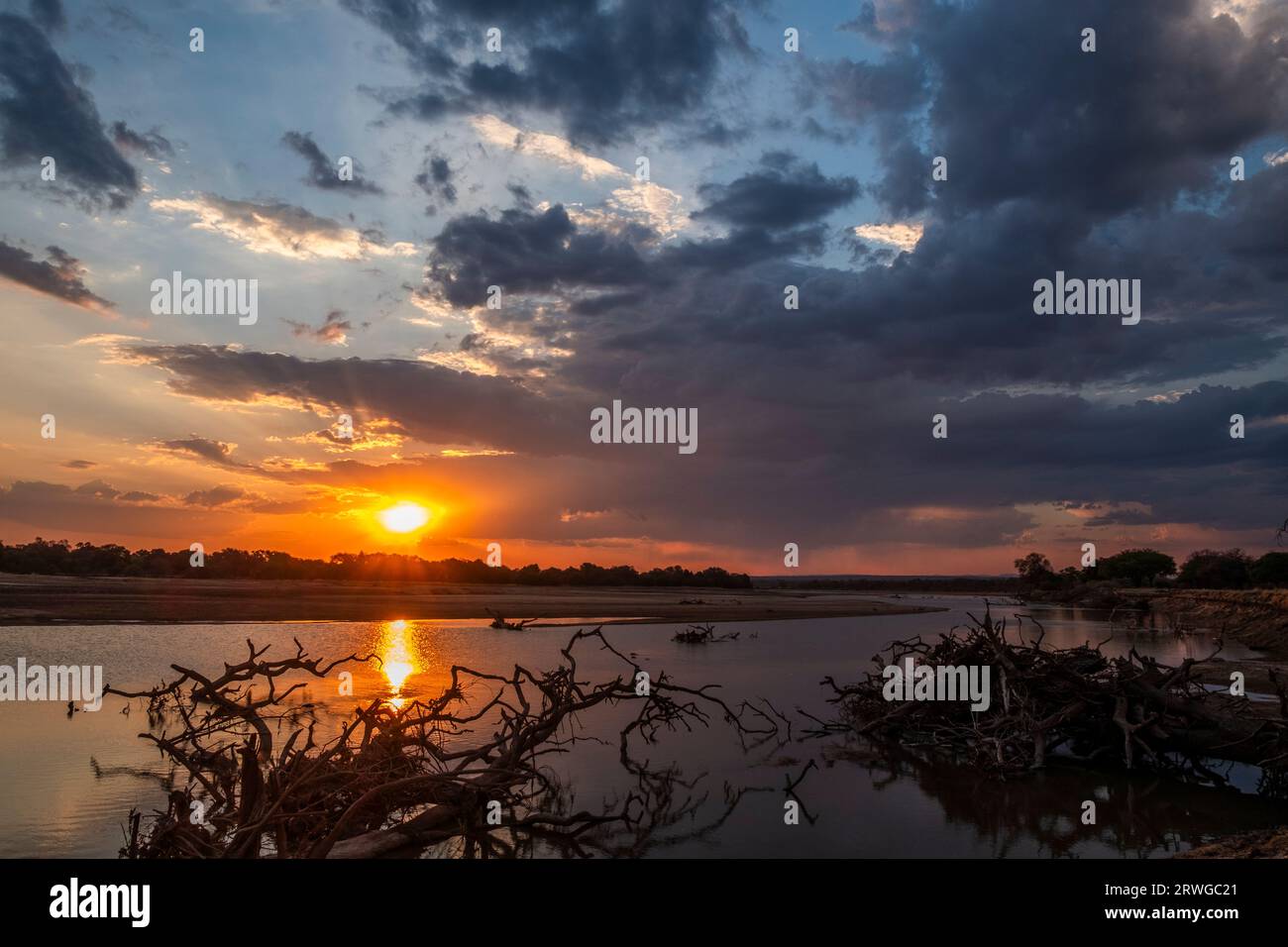 Sunset above the Luangwa River landscape at South Luangwa National Park ...