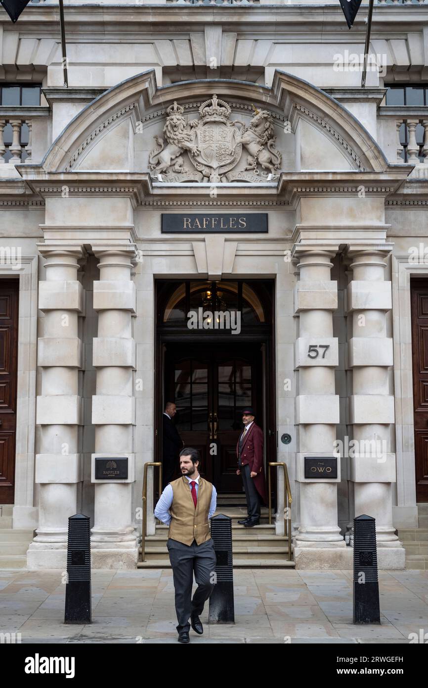 London, UK. 19 September 2023. Staff at the entrance of The Raffles ...