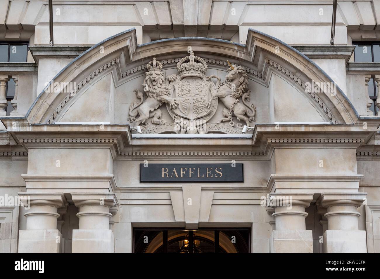 London, UK. 19 September 2023. Exterior signage of The Raffles hotel ...