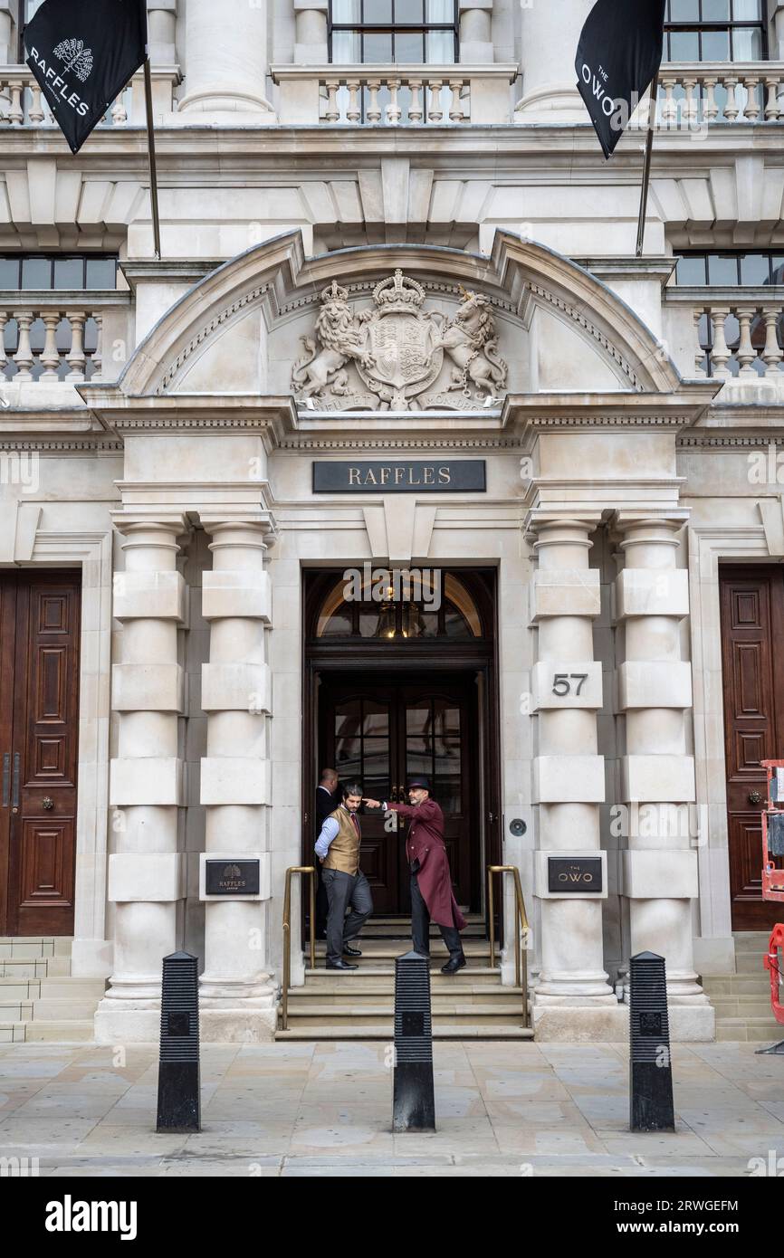 London, UK. 19 September 2023. Staff at the entrance of The Raffles ...