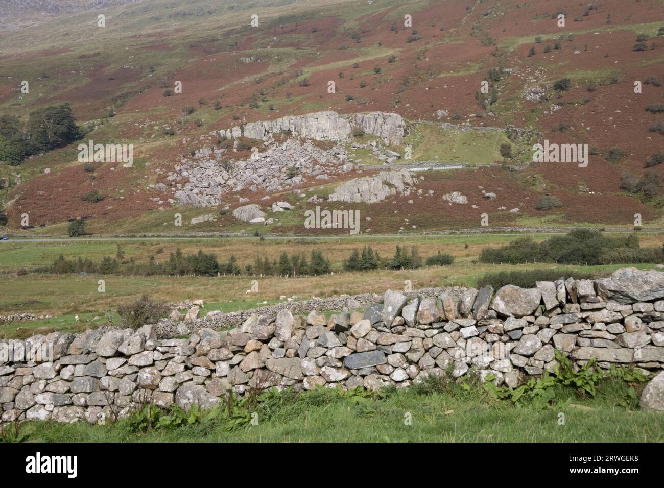 Dry stone wall and rock fall in rugged North Wales scenery near Garth ...