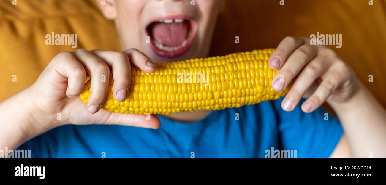 A happy cute boy opened his mouth to take a bite of boiled corn on the ...