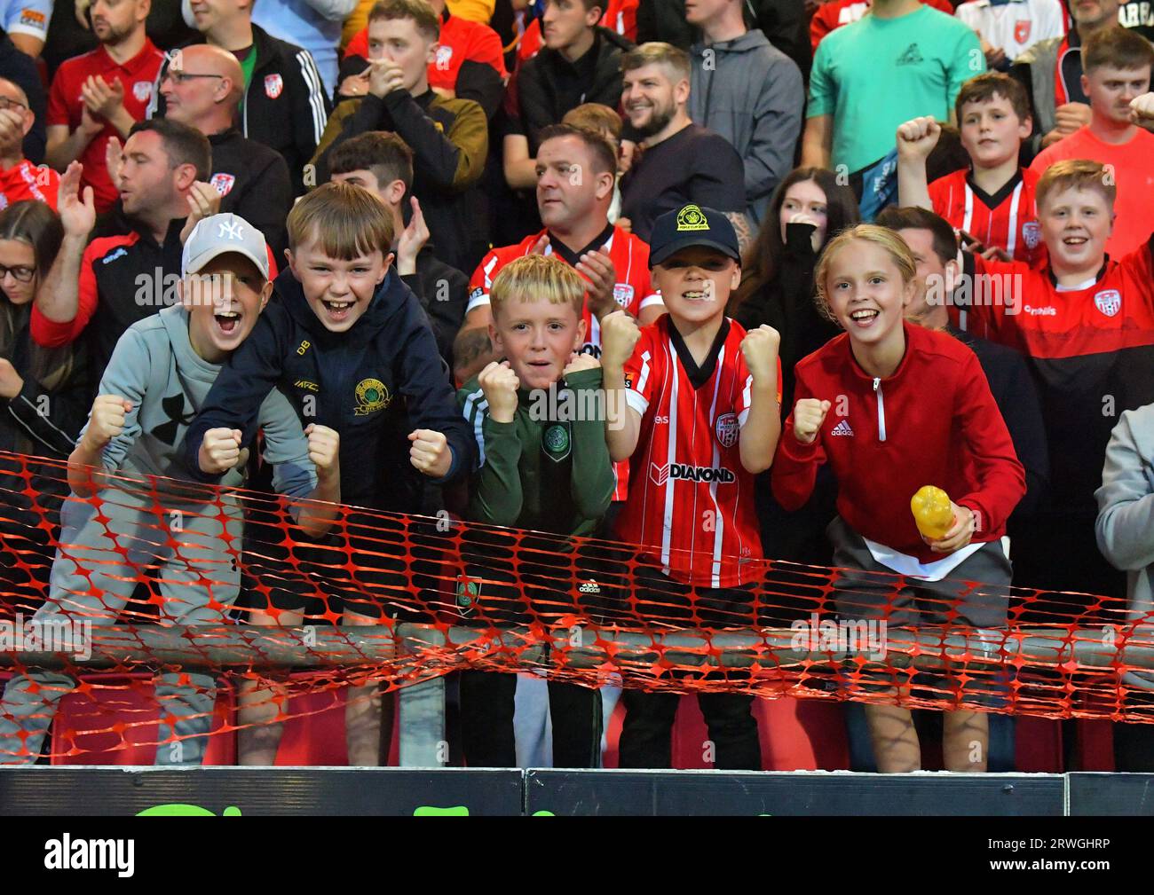 Young Derry City fans cheer on their team, at The Ryan McBride ...