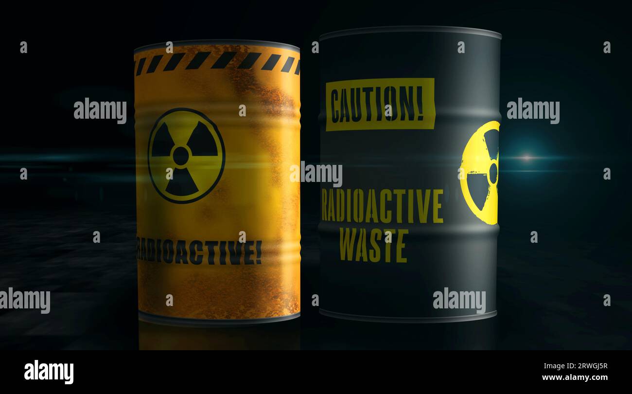 Nuclear radioactive waste barrels concept. Danger radiation pollution ...