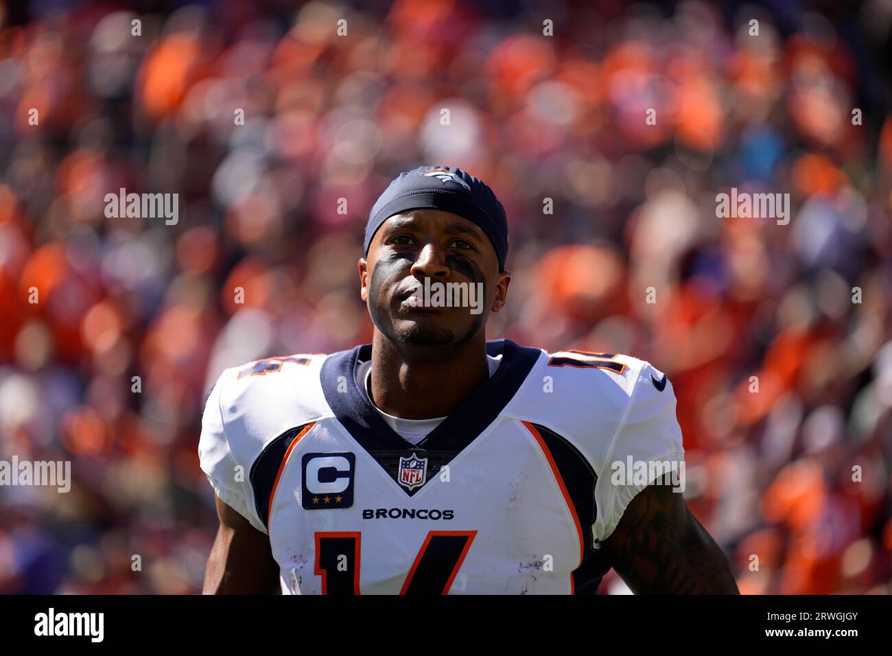 Denver Broncos wide receiver Courtland Sutton (14)looks on against the ...