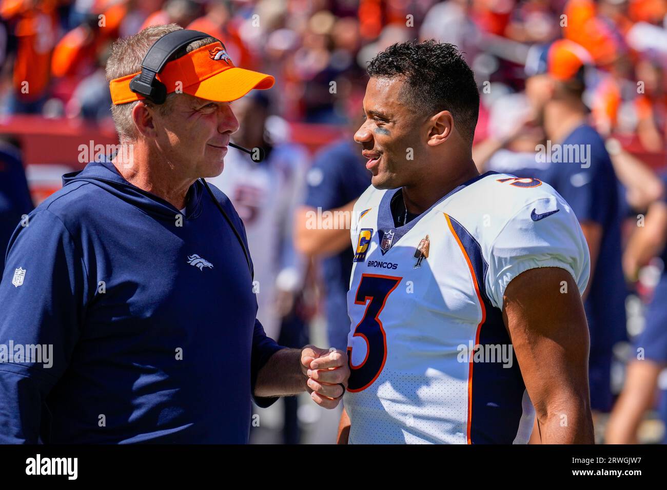 Denver Broncos head coach Sean Payton talks with quarterback Russell ...