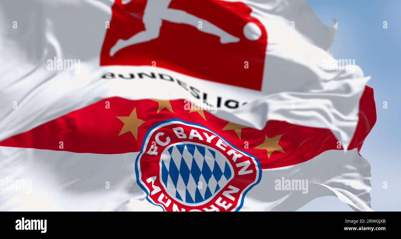Munich, DE, Sept 10 2023: Bayern Munich flag waving with Bundesliga ...