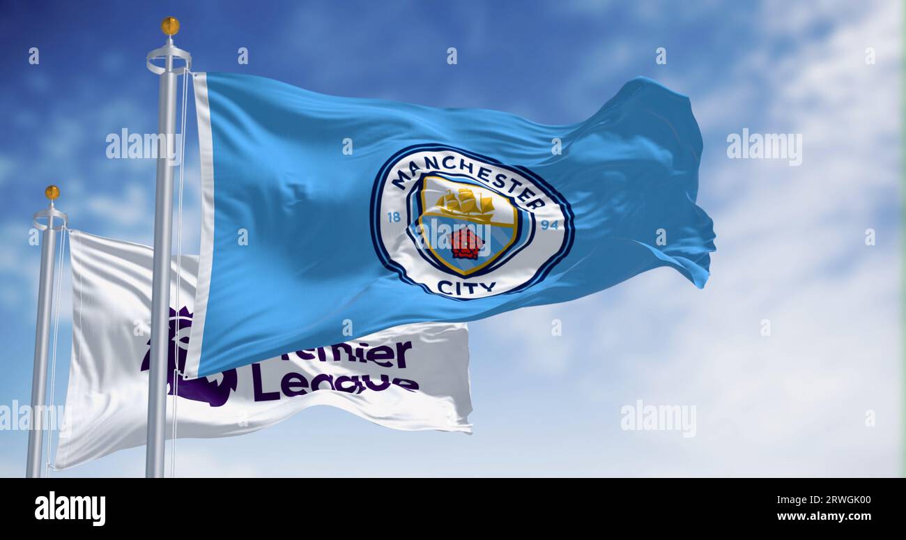 Manchester, UK, sept 10 2023: Flags of Manchester City and Premier ...