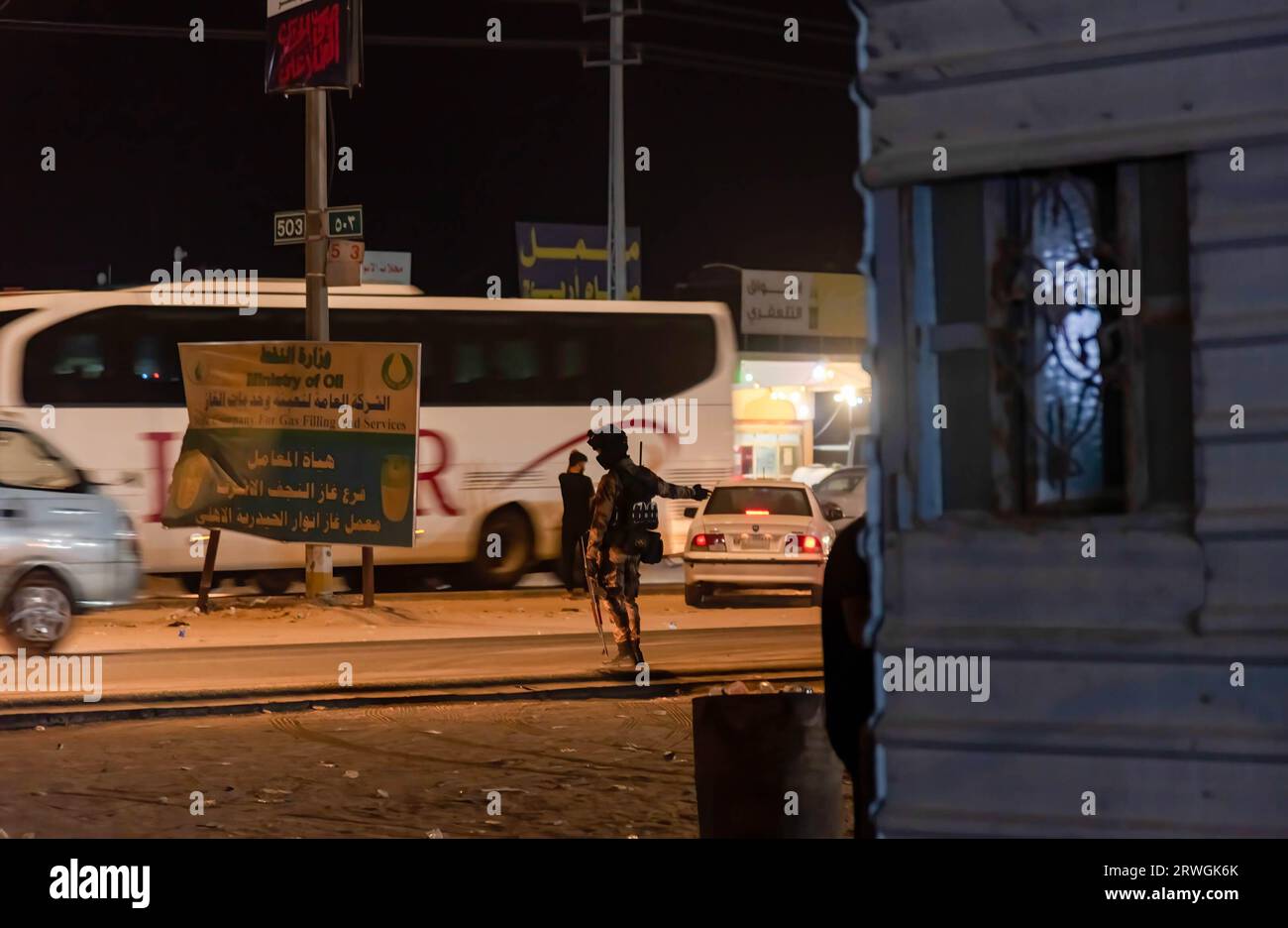 A security trooper stands on guard as Shia pilgrims march towards ...