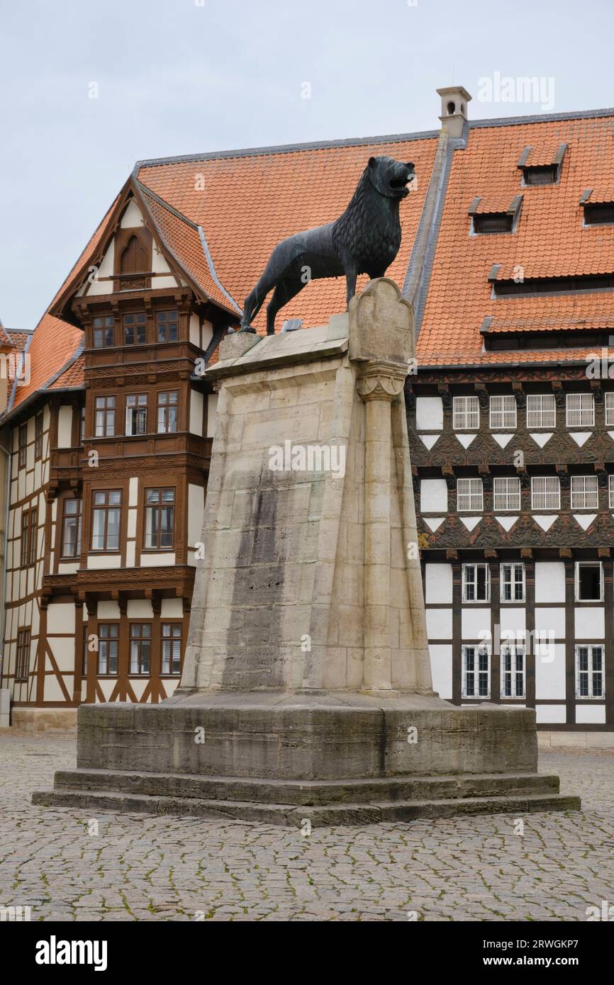 Braunschweiger lion in front of historic timbered houses at the castle ...