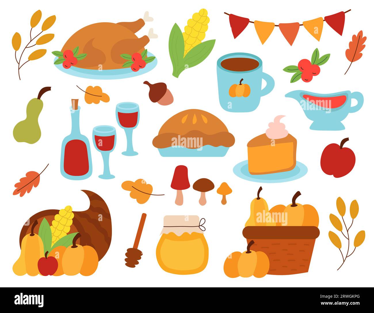 Thanksgiving day elements set. Turkey, pie, cornucopia, corn, wine ...