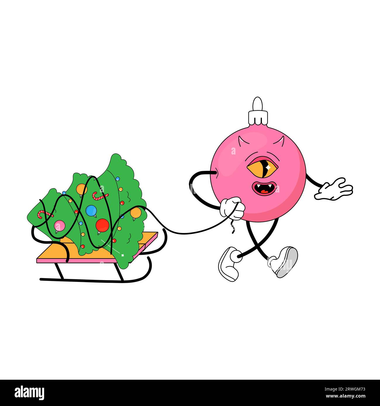 Psychedelic groovy Christmas character ball devil driving a sleigh with ...