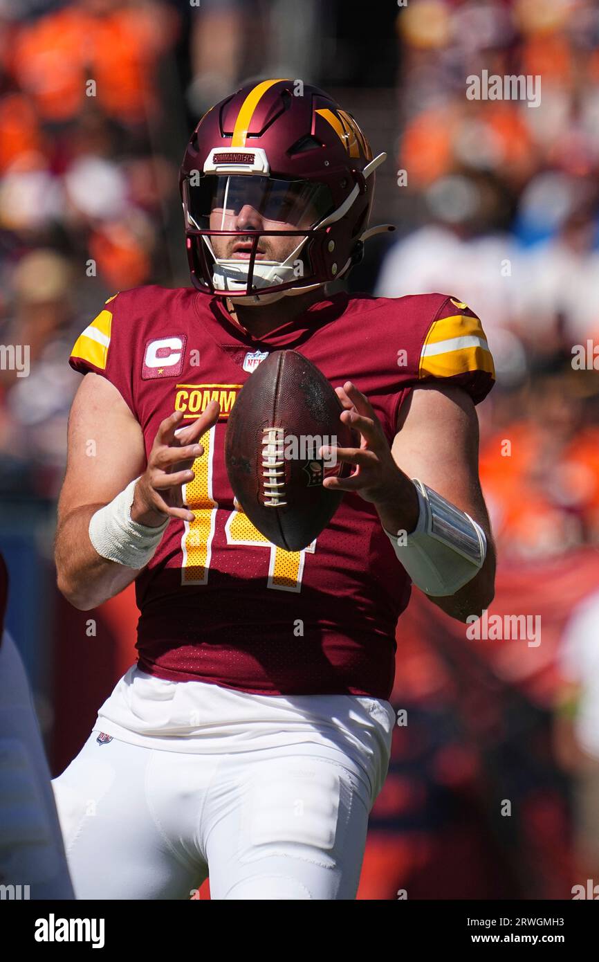 Washington Commanders quarterback Sam Howell (14) against the Denver ...