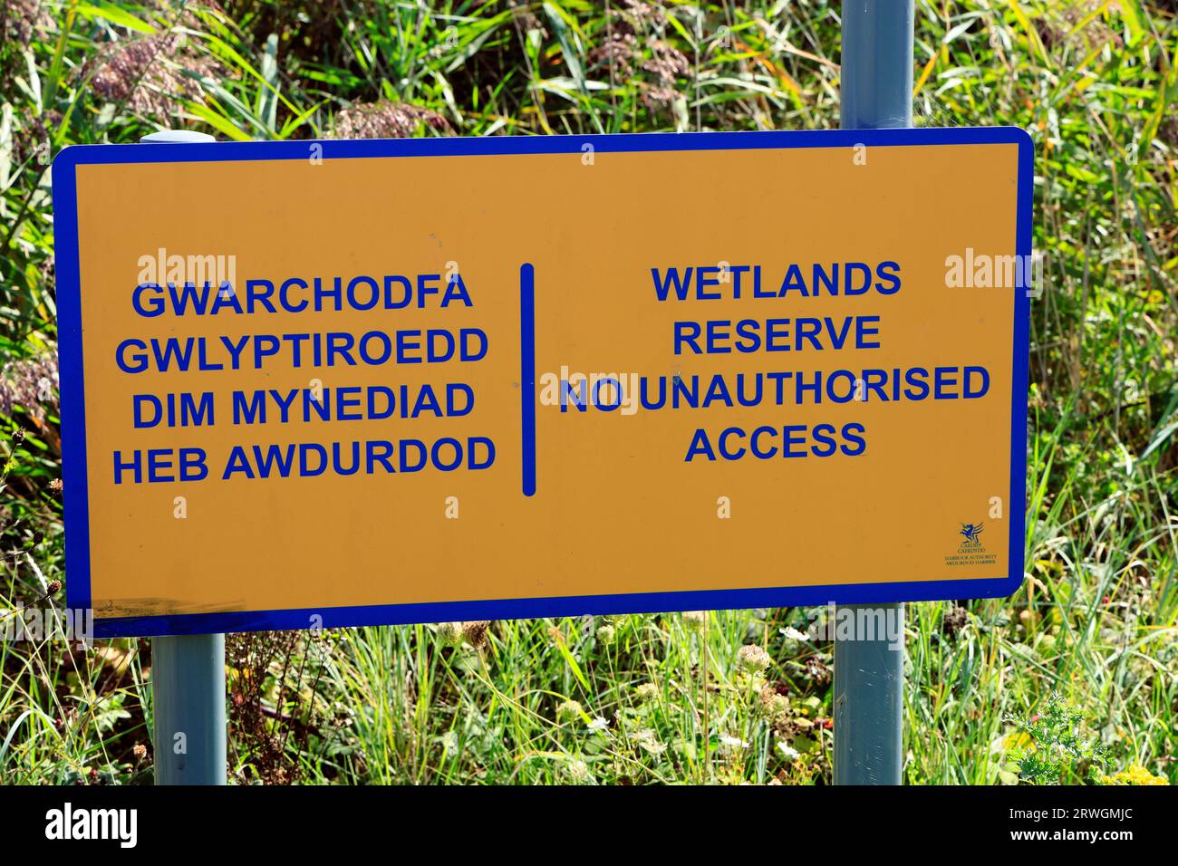 Sign in English and Welsh for the wetlands nature reserve, Cardiff Bay ...