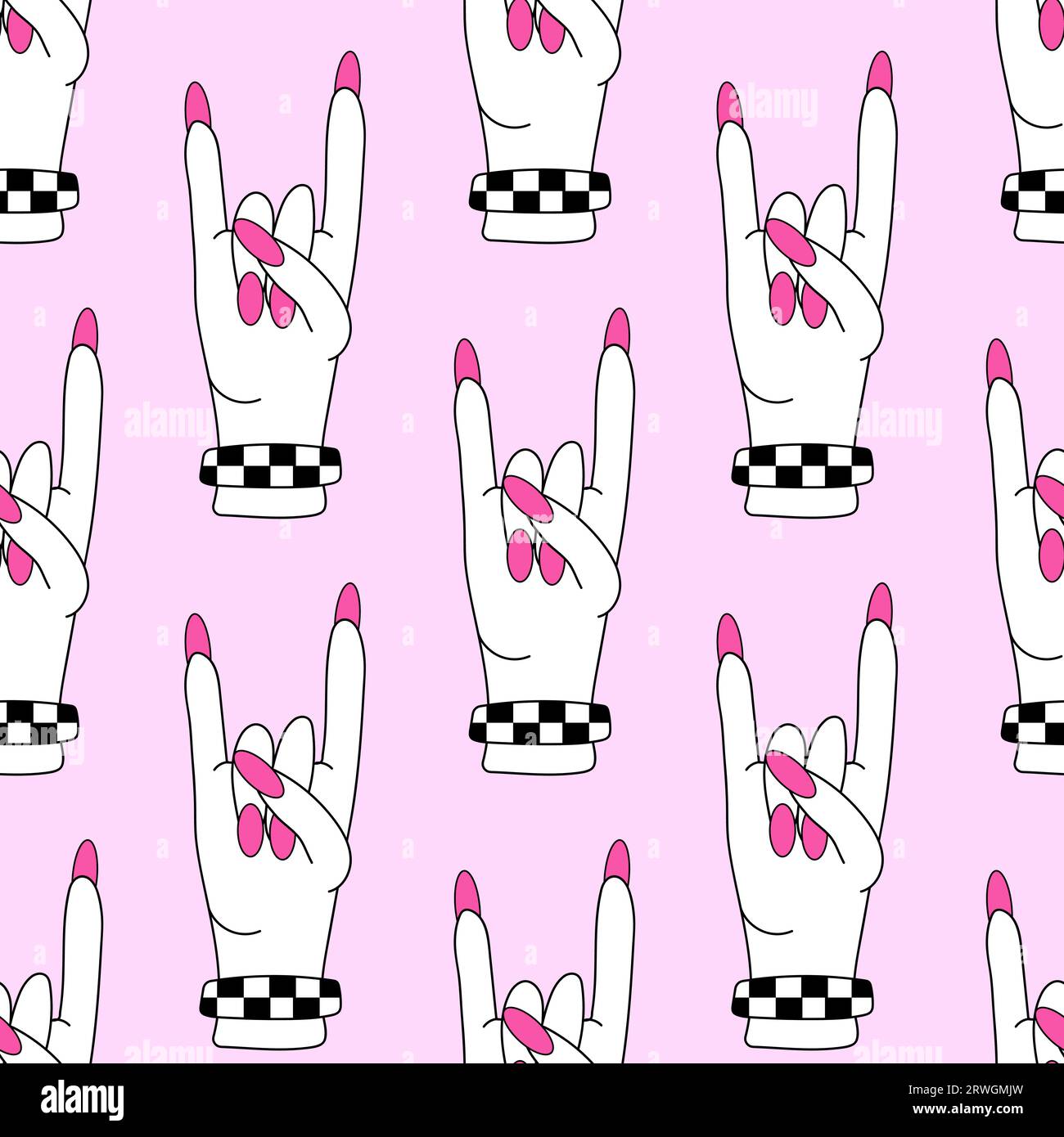 Pattern with Rock sign hand and chessboard wristband. Design punk metal ...