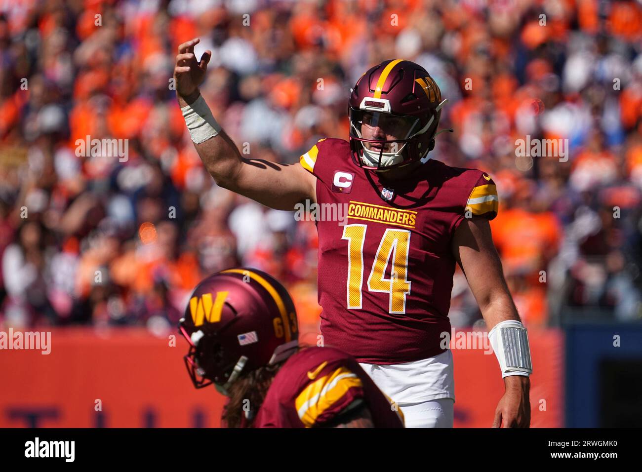 Washington Commanders quarterback Sam Howell (14) against the Denver ...