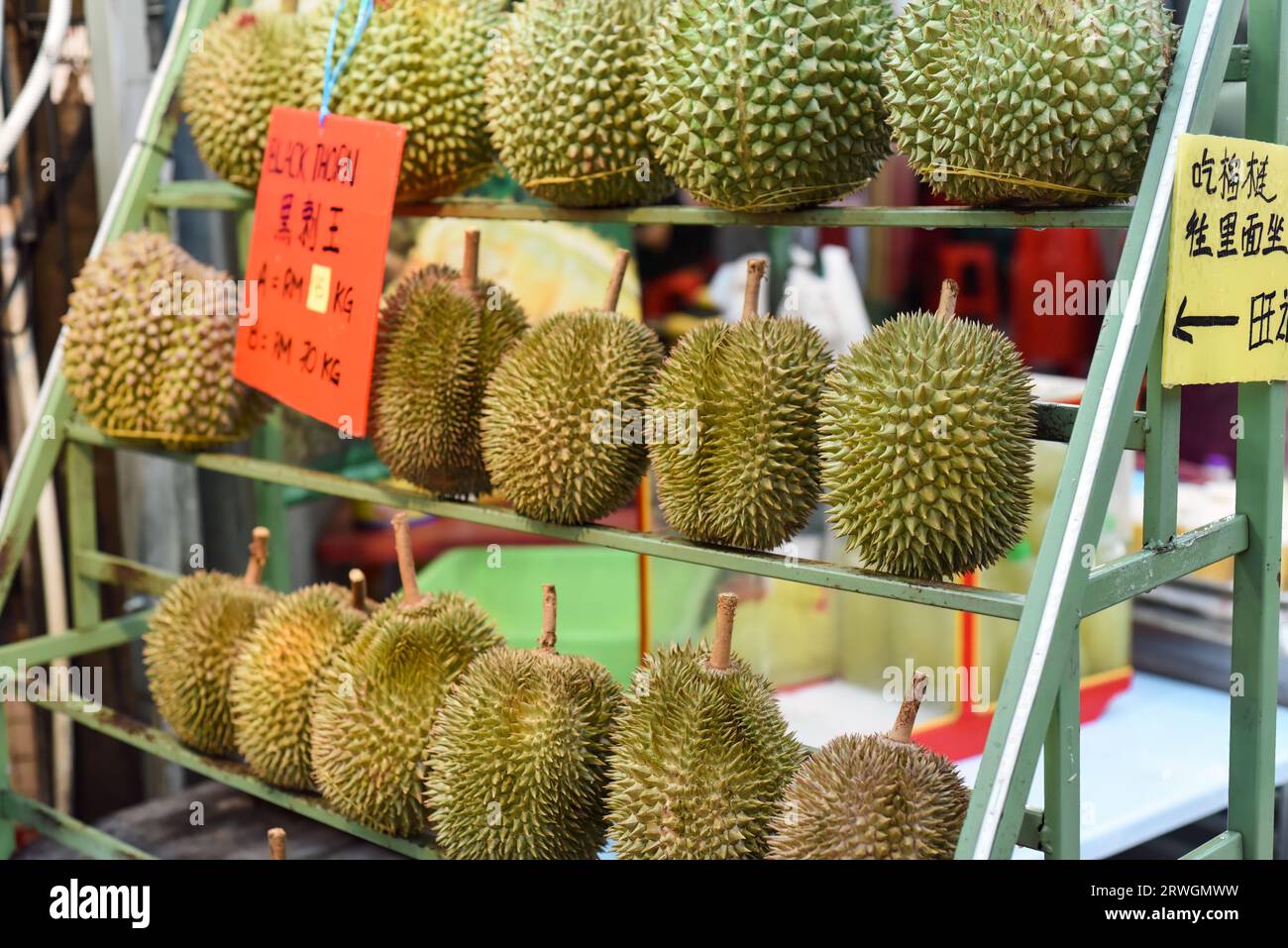 Many durian fruits on a stall in the Kuala Lumpur market Stock Photo ...