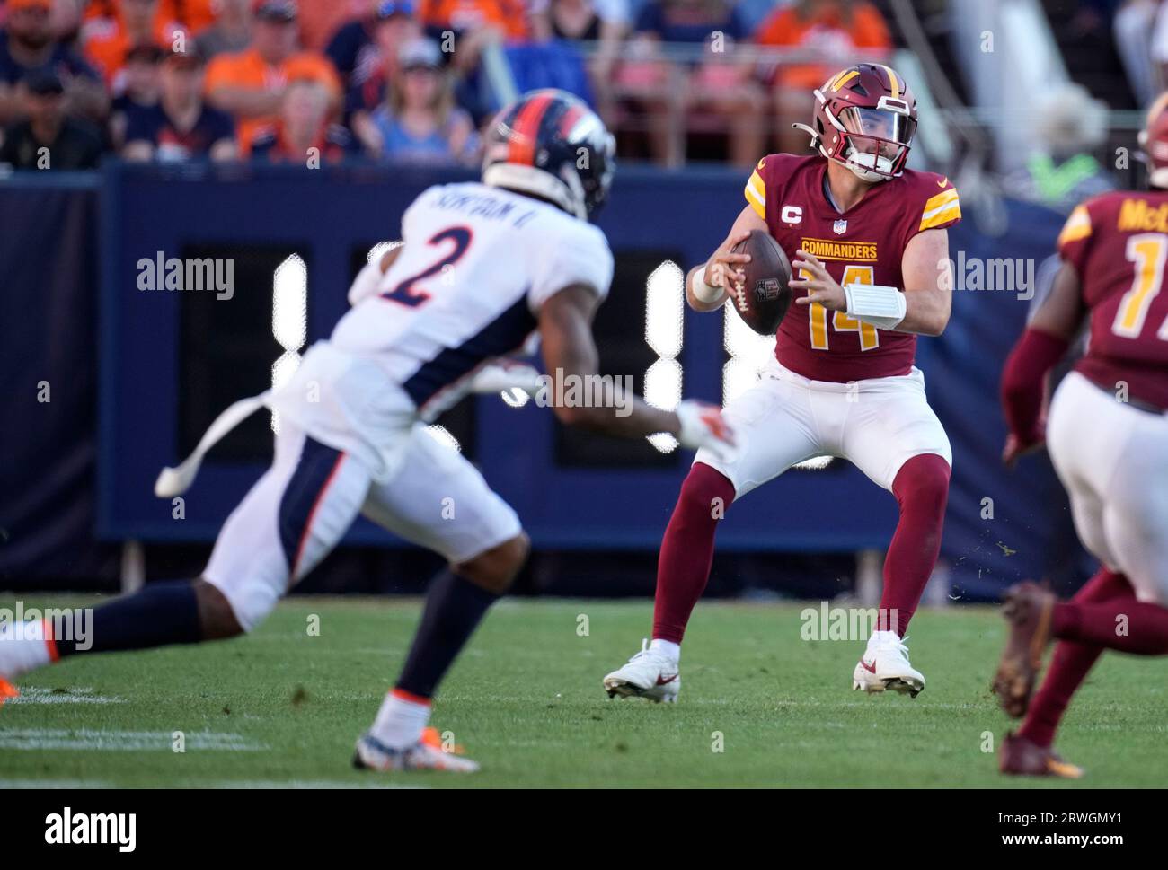 Washington Commanders quarterback Sam Howell (14) looks to pass as ...