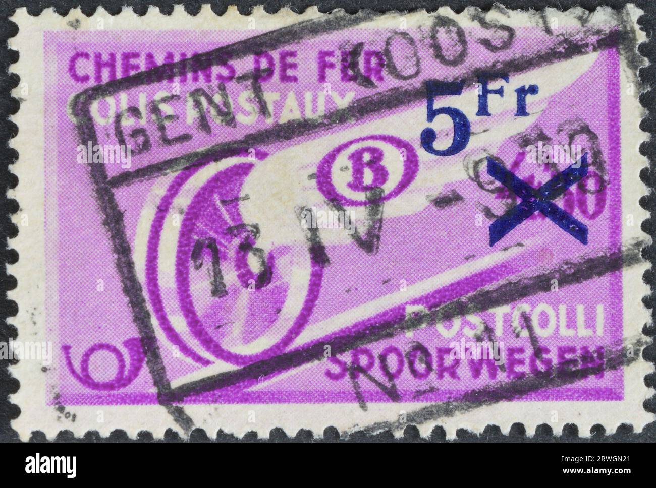 Cancelled postage stamp printed by Belgium, that shows Railway Stamp ...