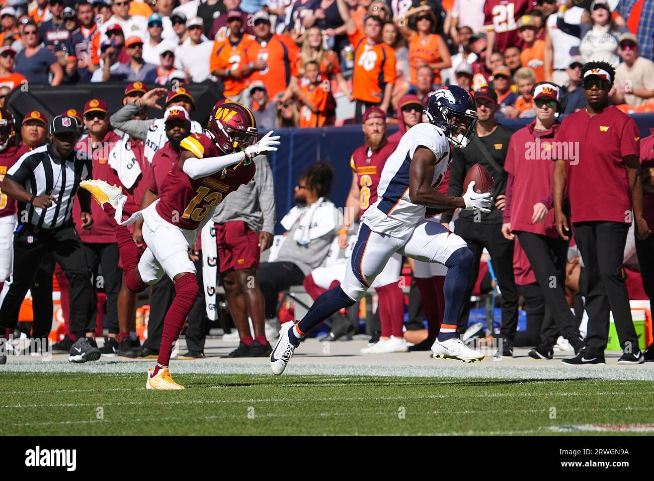 Denver Broncos wide receiver Marvin Mims Jr. (19) catches the ball ...