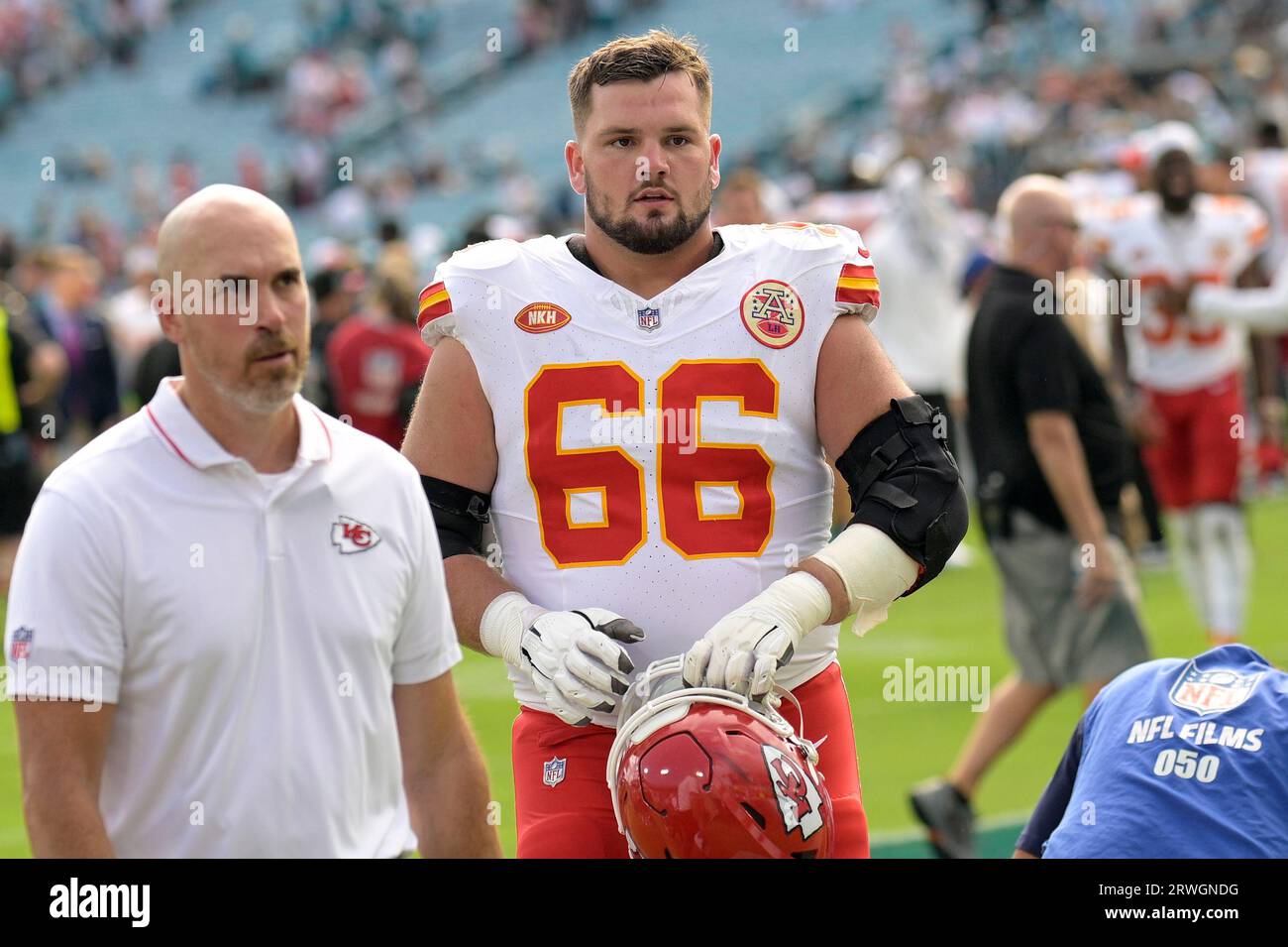 Kansas City Chiefs guard Mike Caliendo (66) leaves the field after an ...