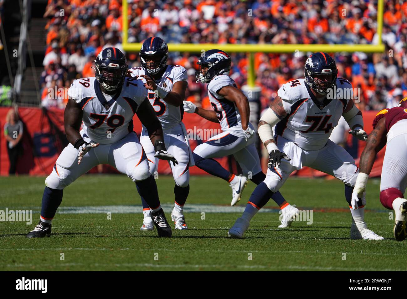 Denver Broncos center Lloyd Cushenberry (79) and Denver Broncos guard Ben Powers (74) play ...