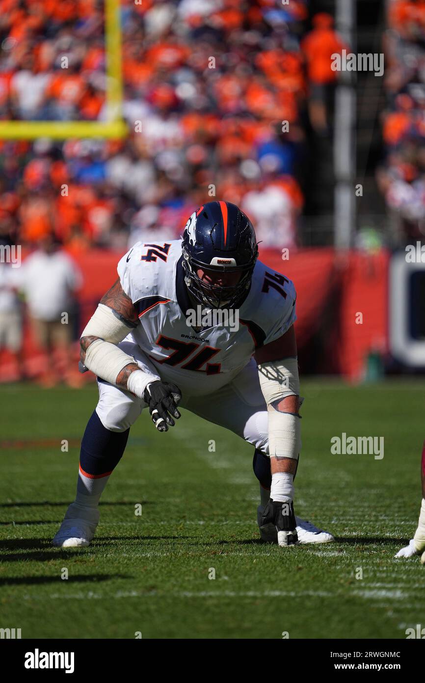 Denver Broncos guard Ben Powers (74) against the Washington Commanders of an NFL football game ...