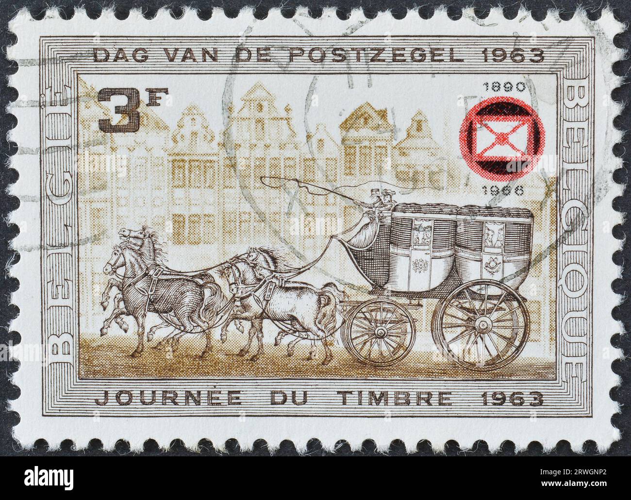 Cancelled postage stamp printed by Belgium, that shows Mail Coach (1890 ...