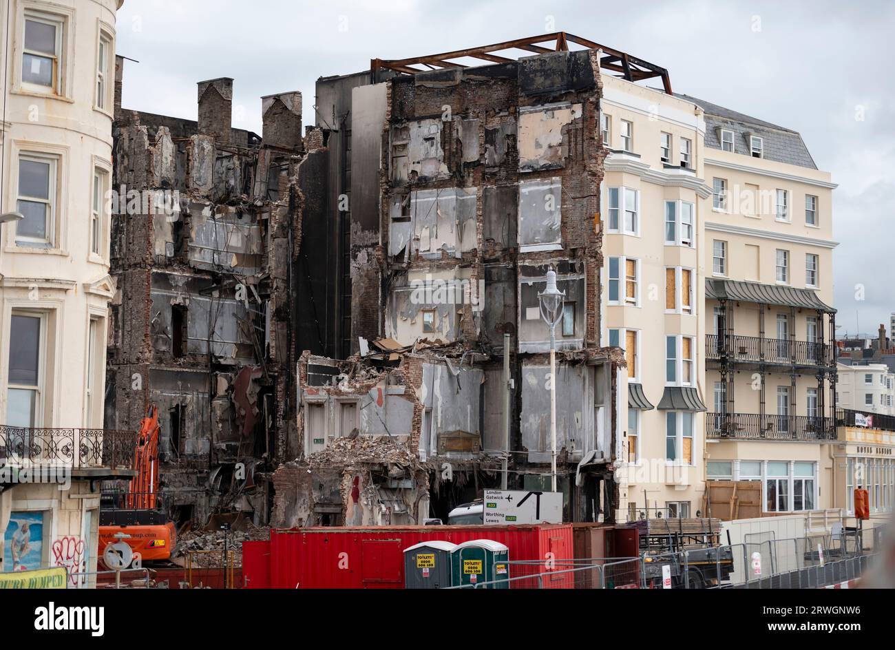 Demolition work continues on the remains of the burnt out Royal Albion ...