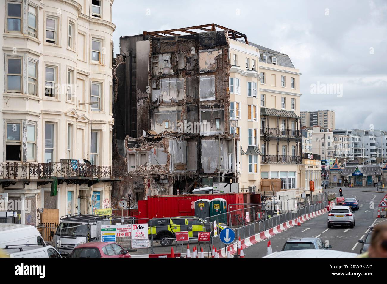 Demolition work continues on the remains of the burnt out Royal Albion ...