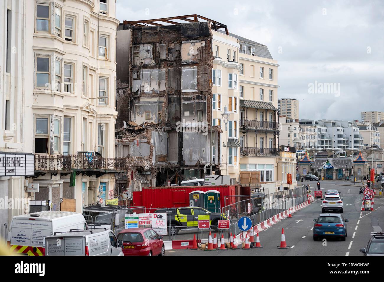 Demolition work continues on the remains of the burnt out Royal Albion ...