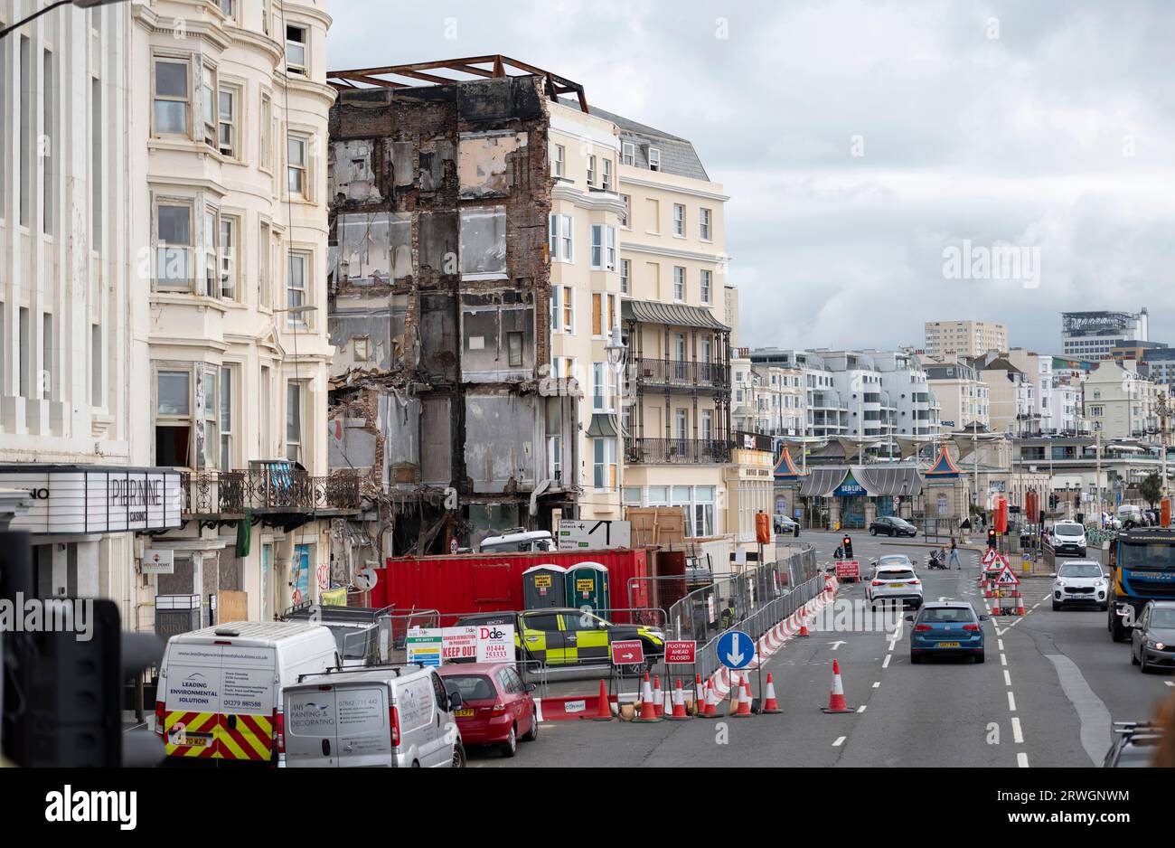 Demolition work continues on the remains of the burnt out Royal Albion ...