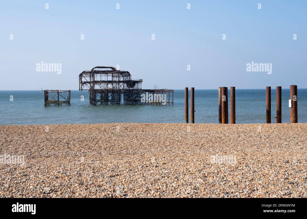 The West Pier is a ruined pier in Brighton, England. It was designed by ...