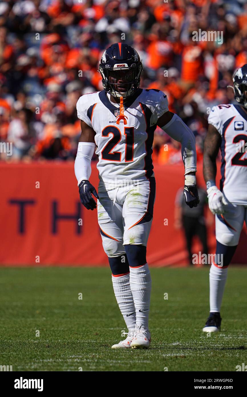 Denver Broncos cornerback Essang Bassey (21) against the Washington Commanders of an NFL ...