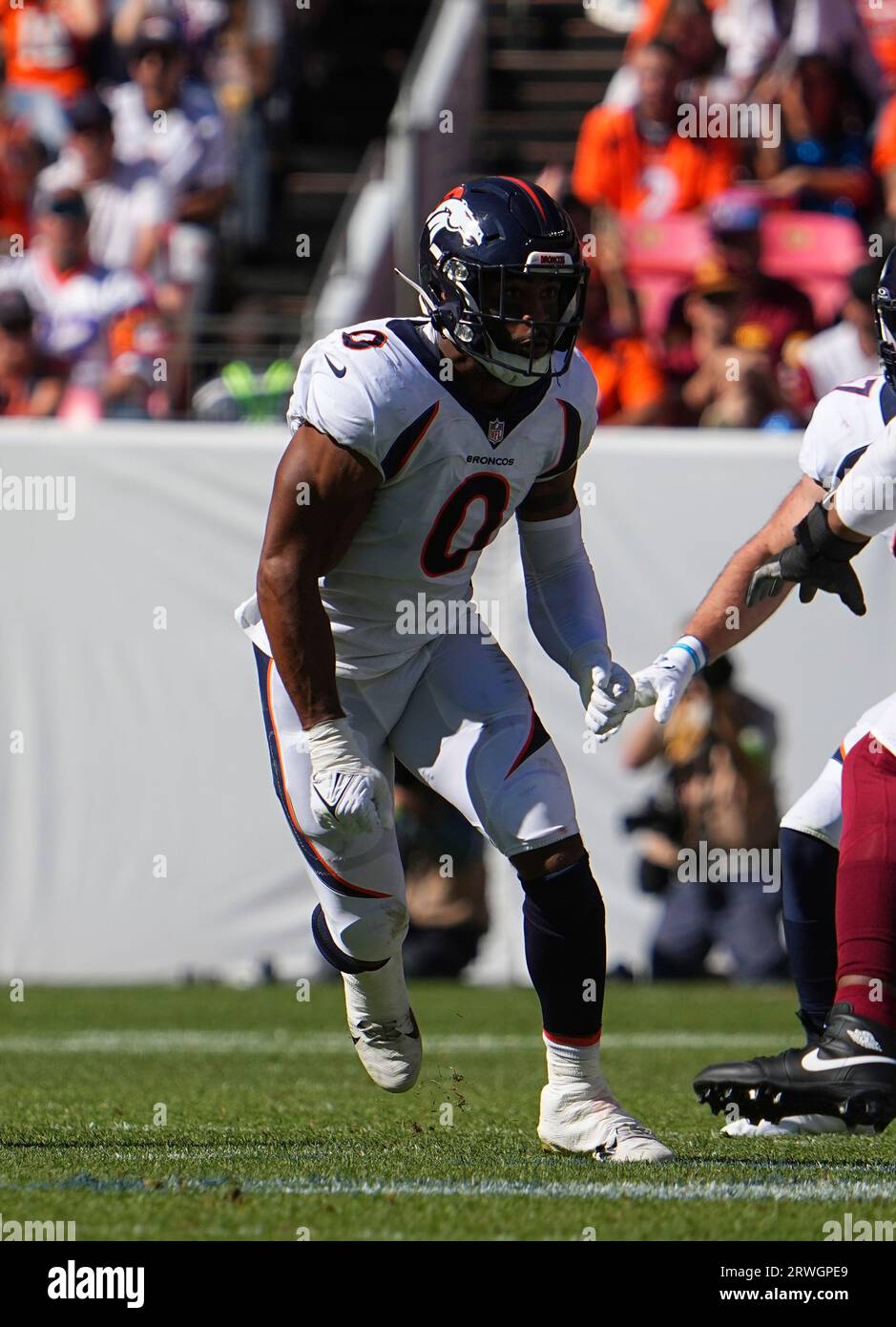 Denver Broncos linebacker Jonathon Cooper (0) against the Washington Commanders of an NFL ...