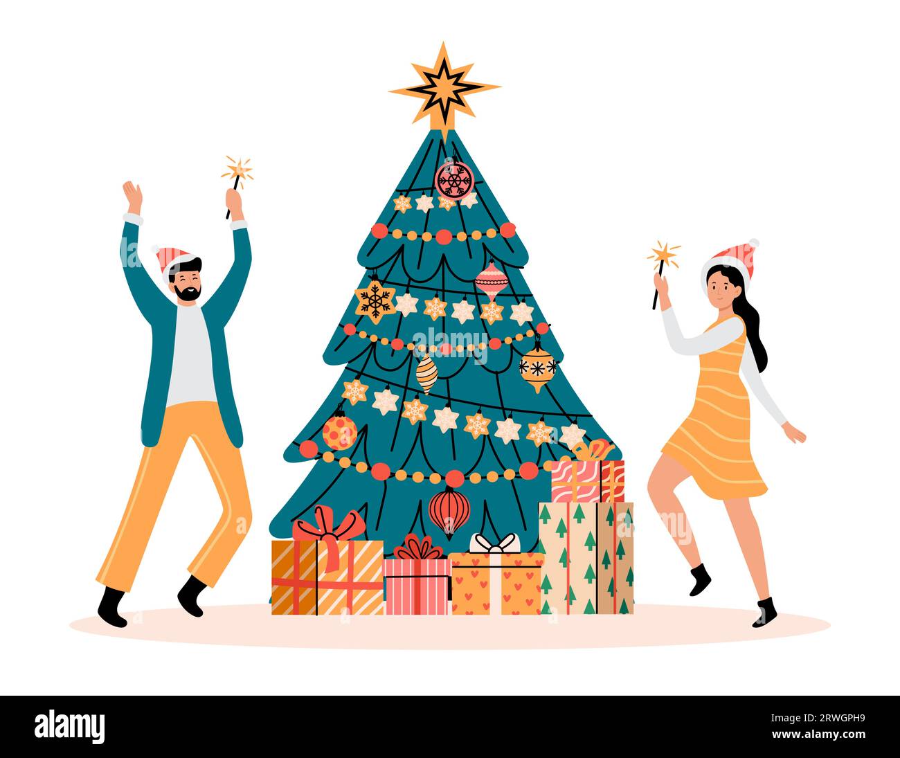 Christmas people celebrating winter holiday near decorated fir tree ...