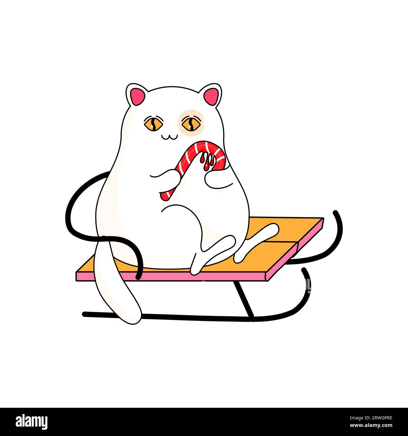 cute cat sitting on a sleigh with a candy. Groovy psychedelic winter ...