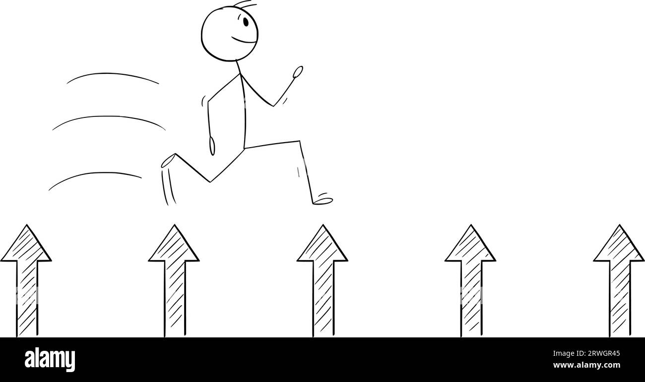 Person or Businessman Jumping over Arrows, Vector Cartoon Stick Figure ...
