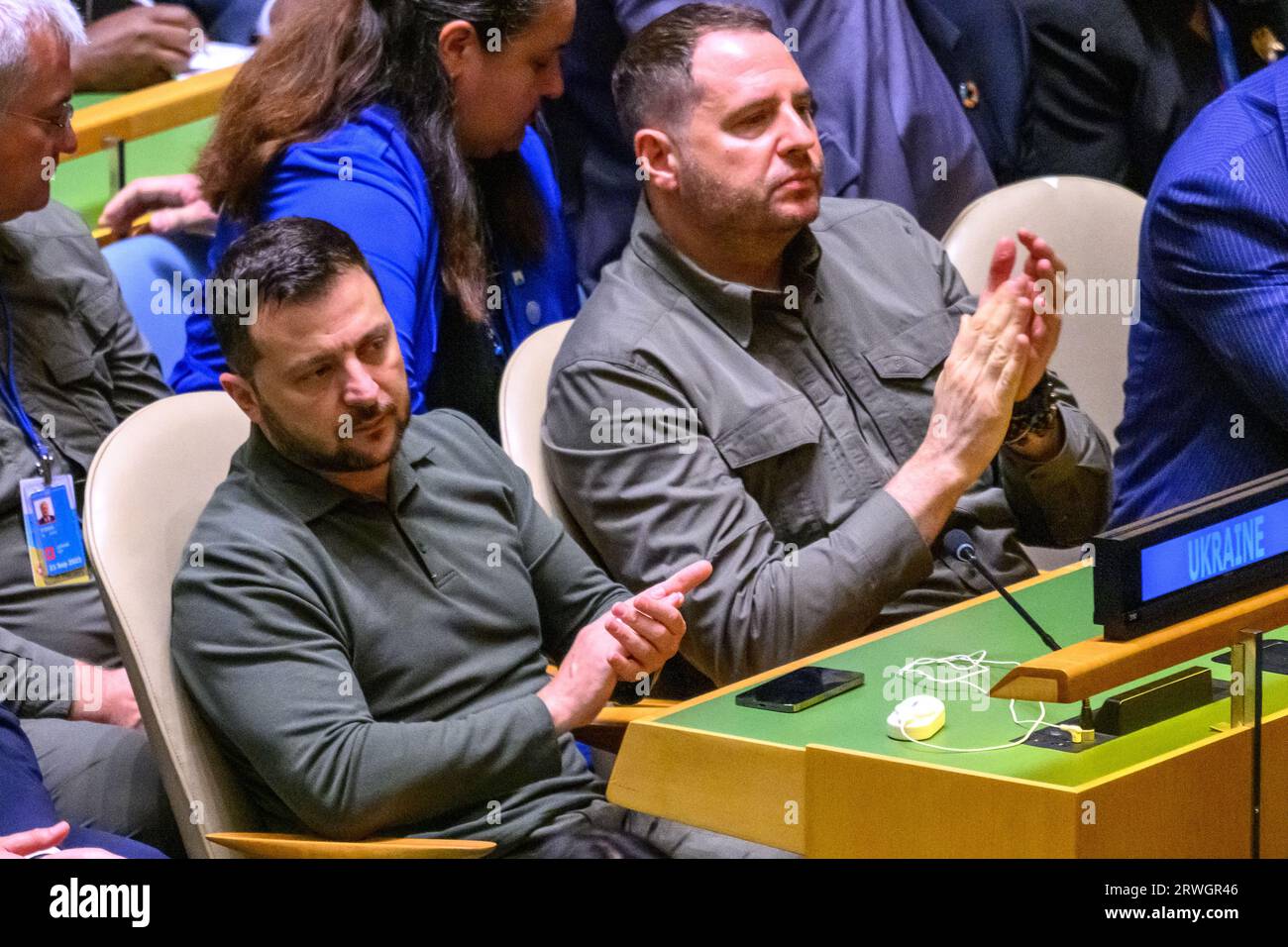 New York, USA. 19th Sep, 2023. Ukraine President Volodymyr Zelenskyy (L ...