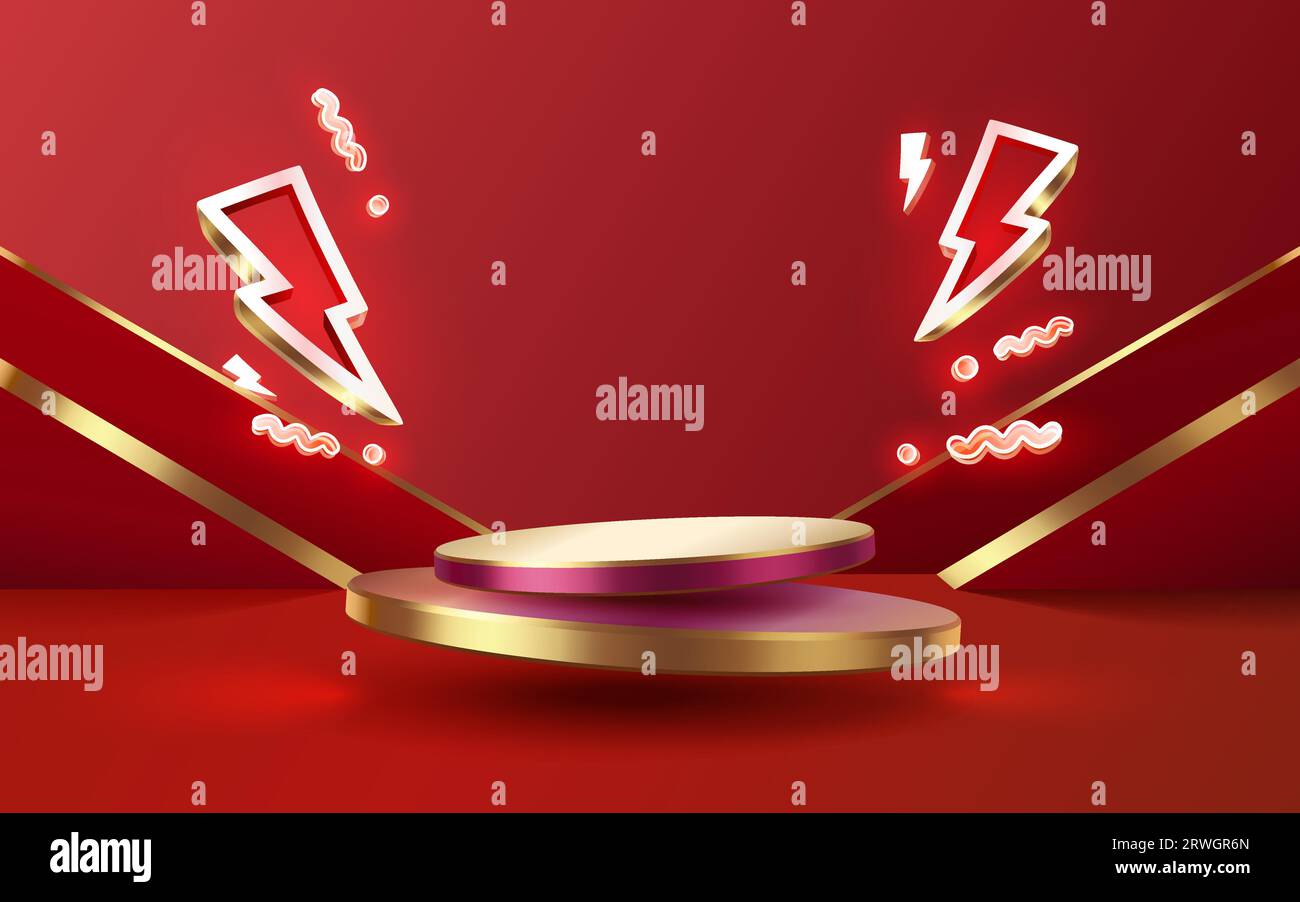 Scene mega sale, golden podium banner, red room pedestal. Vector Stock ...