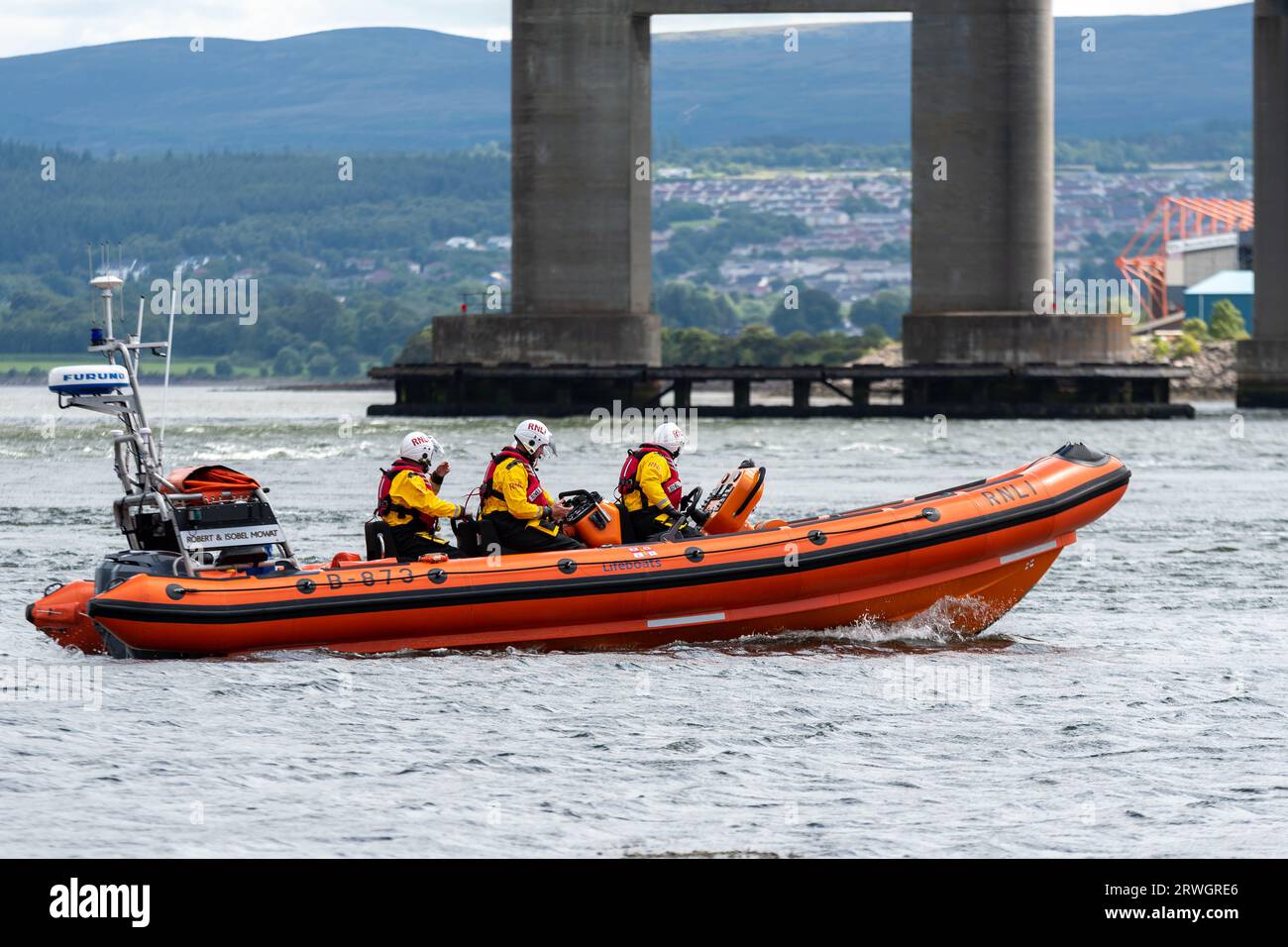 RNLI Lifeboat leaving Kessock Lifeboat Station in Inverness, Inshore B ...