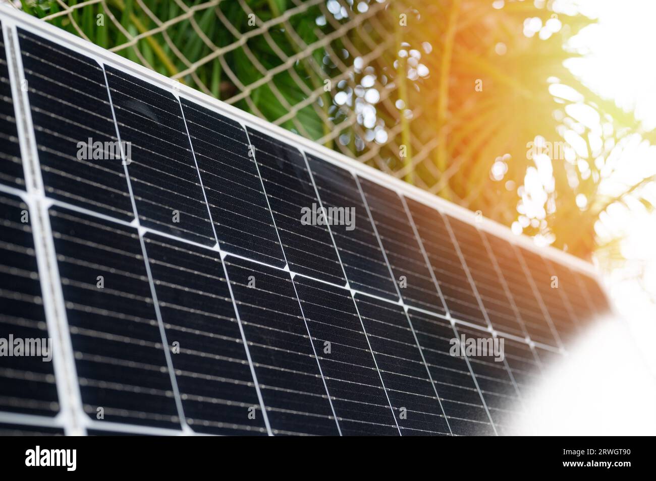 Solar panel system on sun light background close up view Stock Photo ...