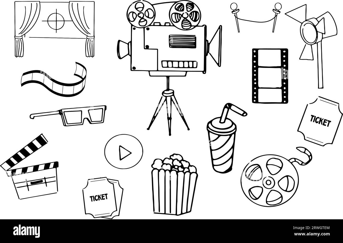 Cinema elements in doodle style with filmstrip, camera, tape, tickets retro isolated on white ...