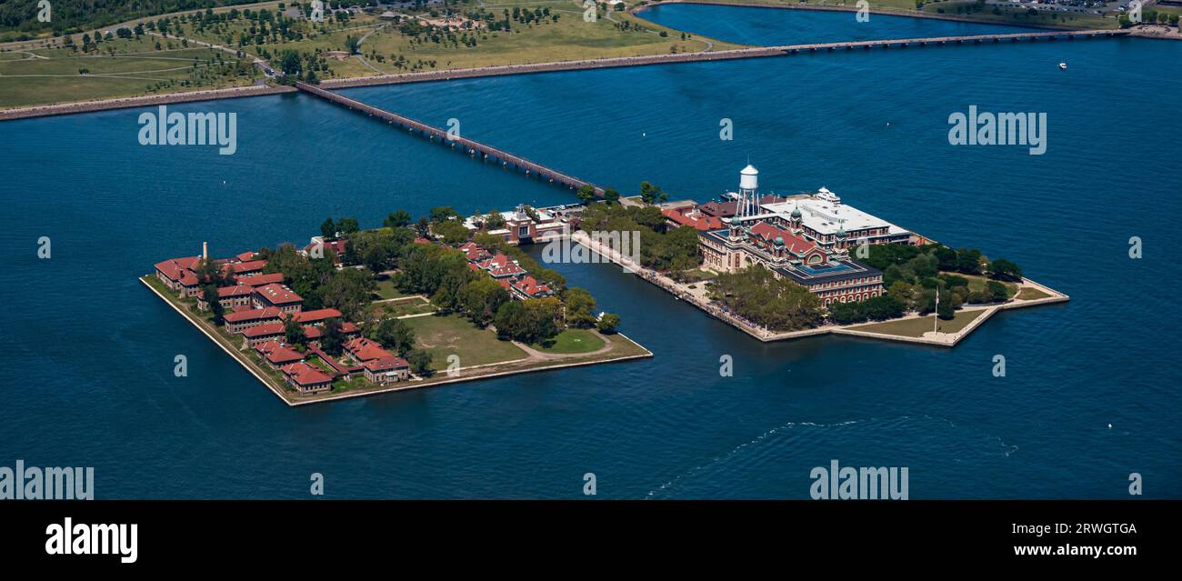Aerial photo of Ellis Island and the hospital complex in the Hudson ...
